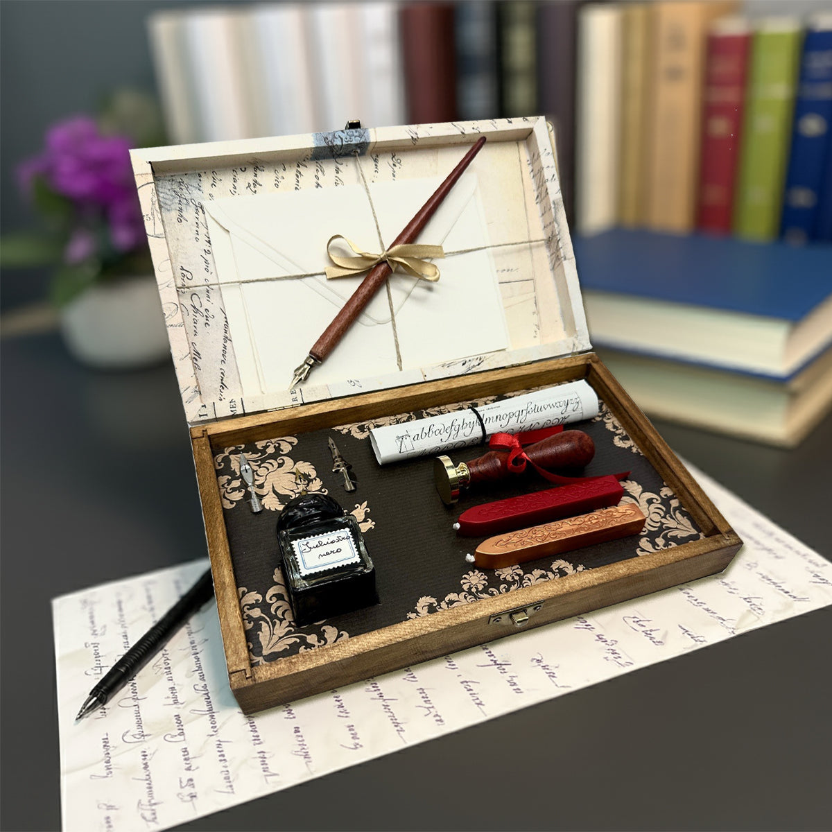 Wax Seal Kit & Calligraphy Writing Set in wooden box with Ink, Nibs ...